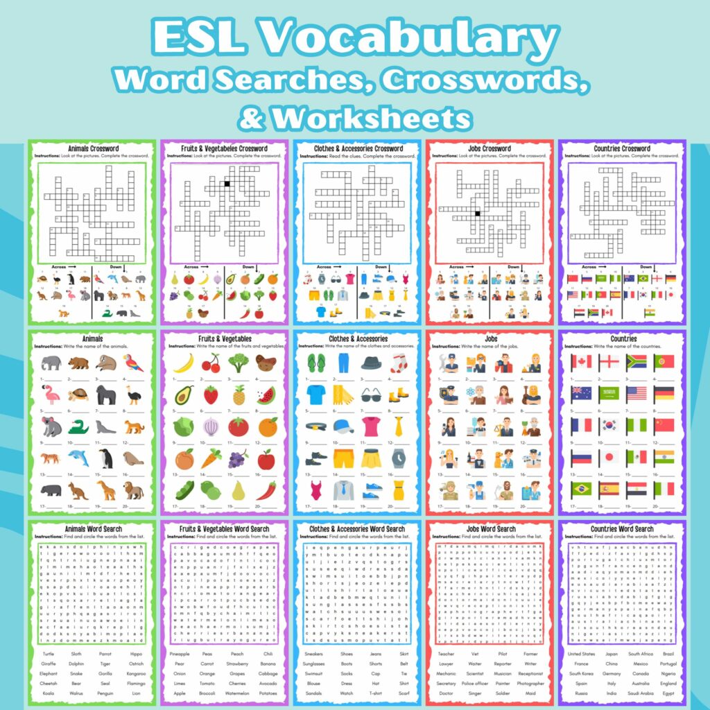 30 ESL Vocabulary Crosswords & 30 Word Searches (Crucigramas y sopas de ...