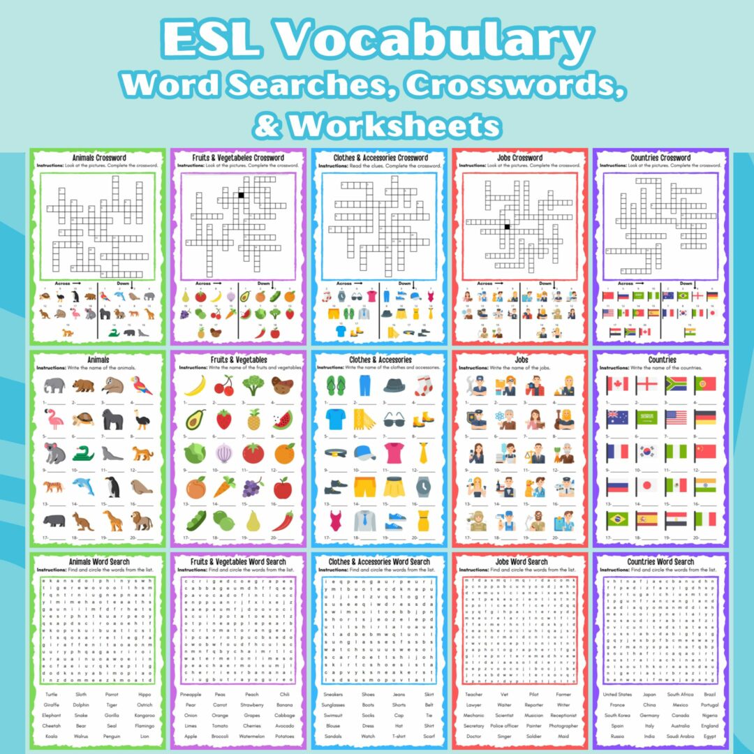 30 ESL Vocabulary Crosswords & 30 Word Searches (Crucigramas y sopas de ...