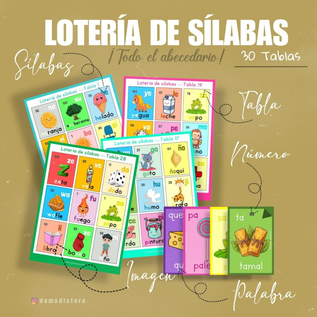 Lotería de sílabas (30 tableros) Para Niños