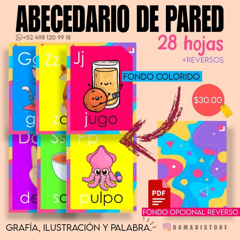 Abecedario de decoración de pared (28 flash cards tamaño carta)