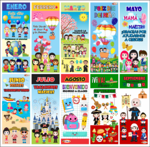 MEGA KIT DECORACIÓN PUERTAS SALON PARA TODO EL AÑO ESPAÑOL-INGLÉS