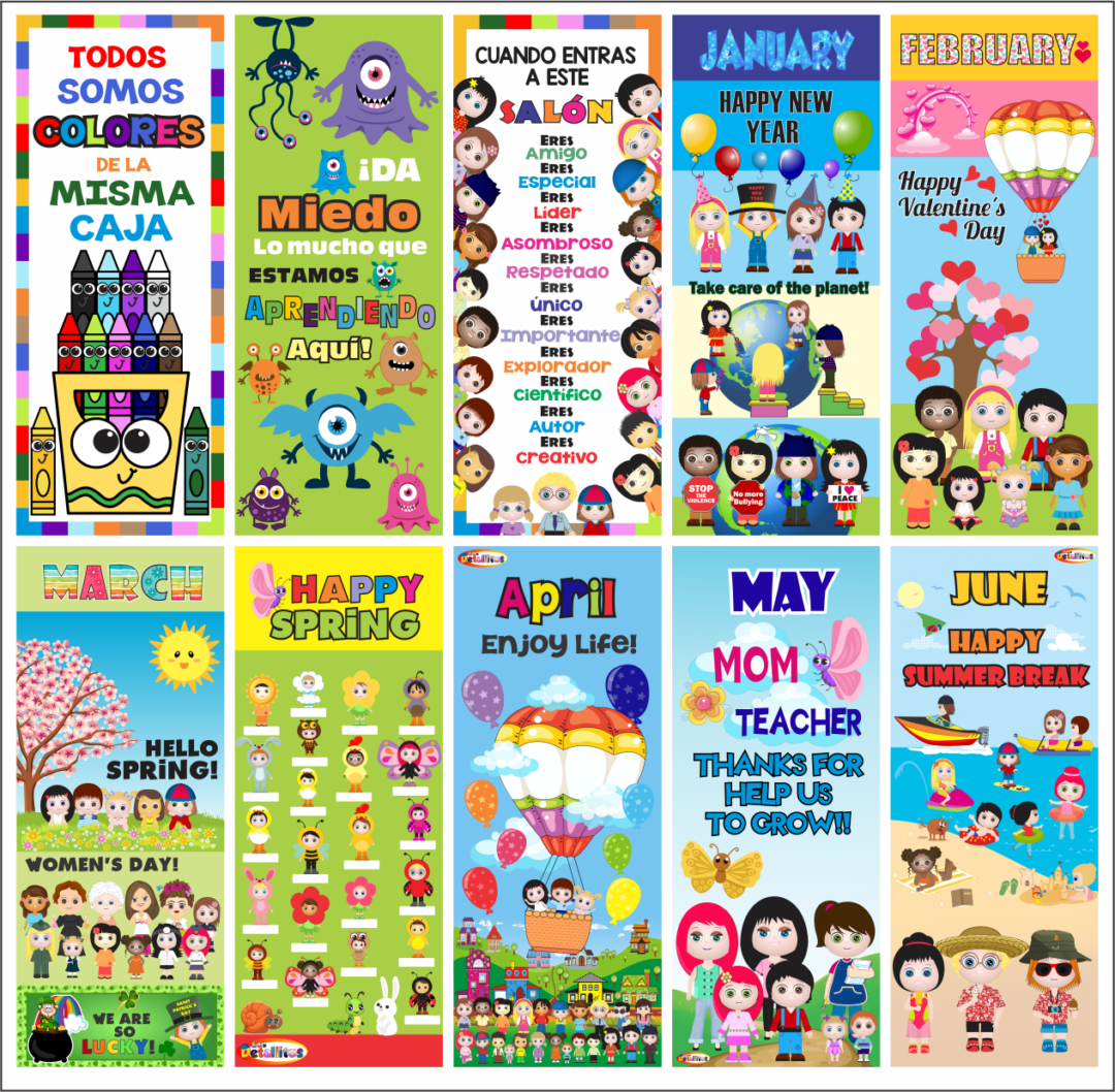 MEGA KIT DECORACIÓN PUERTAS SALON PARA TODO EL AÑO ESPAÑOL-INGLÉS