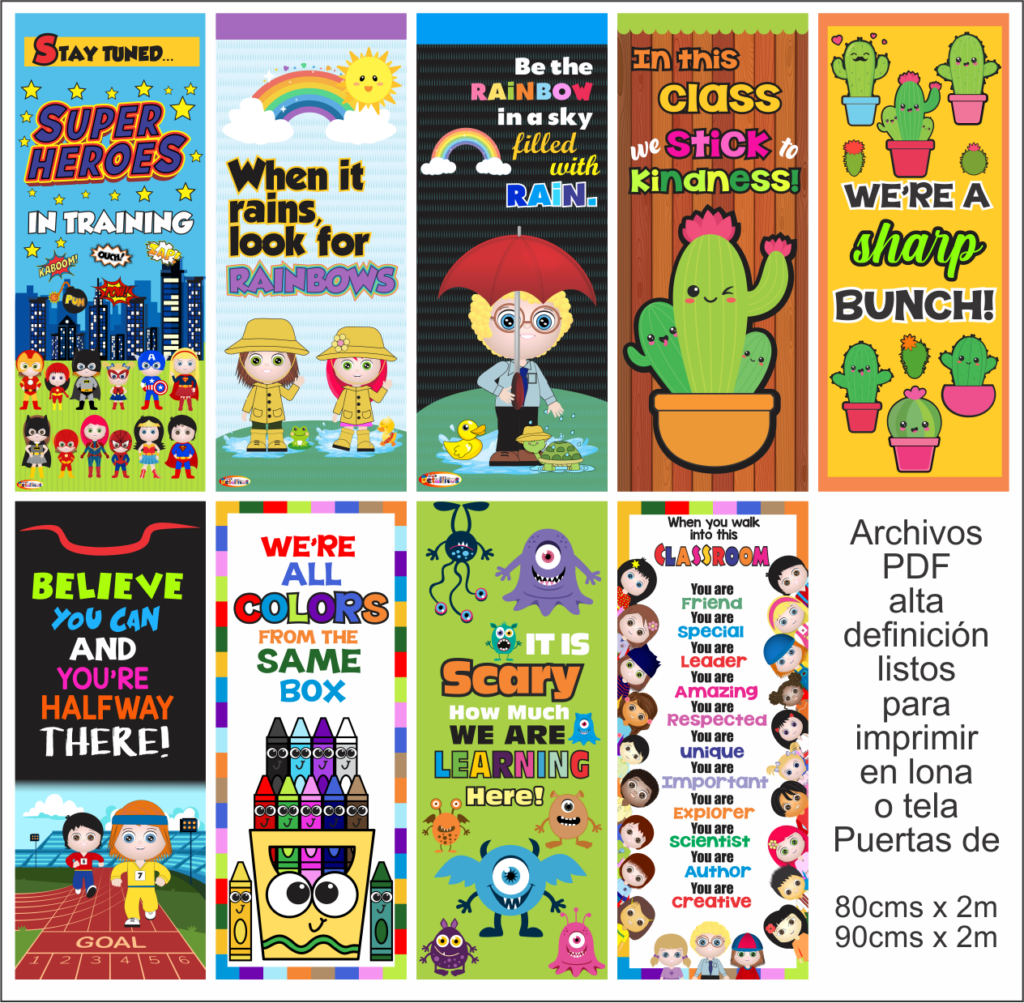 MEGA KIT DECORACIÓN PUERTAS SALON PARA TODO EL AÑO ESPAÑOL-INGLÉS