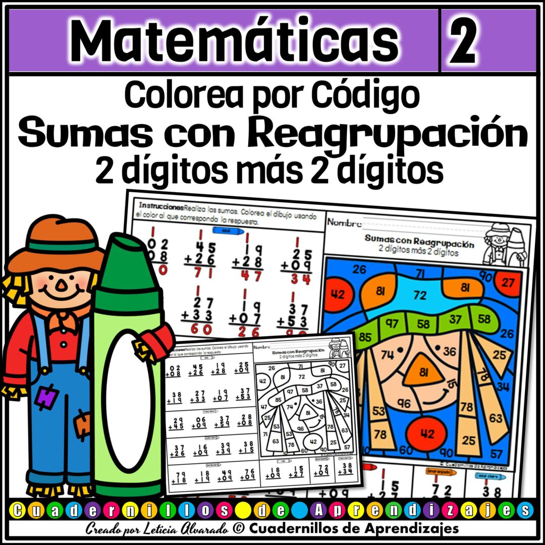 Sumas 2 dígitos más 2 dígitos con Reagrupación Colorea Código ...
